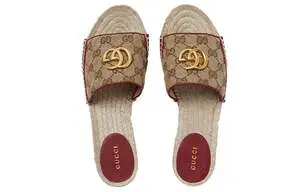 Gucci Double G Canvas Straw Woven Slide Espadrilles - Default Color