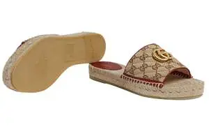 Gucci Double G Canvas Straw Woven Slide Espadrilles - Default Color