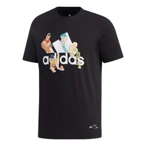 Adidas Cartoon Alphabet Logo Printing Round Neck Short Sleeve Black T-shirt - Default Color