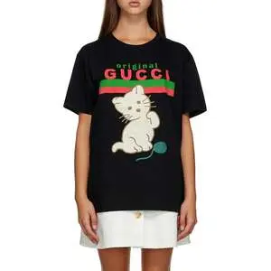 Gucci Cat Alphabet Cartoon Round Neck Pullover Short Sleeve