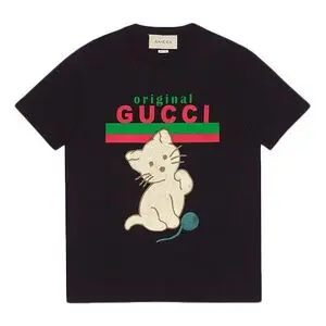 Gucci Cat Alphabet Cartoon Round Neck Pullover Short Sleeve - Black