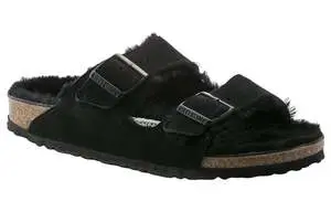 BIRKENSTOCK Arizona Shearling Suede Leather Slides - Black