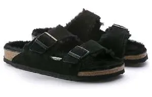 BIRKENSTOCK Arizona Shearling Suede Leather Slides - Black
