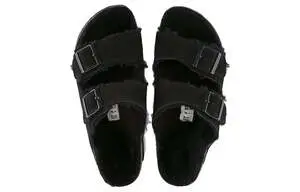 BIRKENSTOCK Arizona Shearling Suede Leather Slides - Black