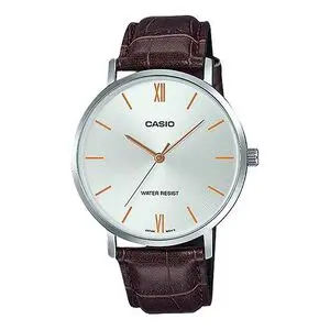 Casio Analog Dress Watch With Leather Strap - Silver