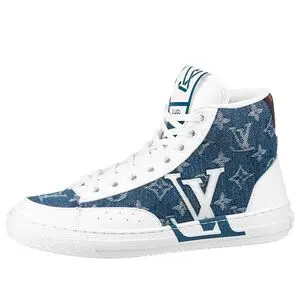 LOUIS VUITTON Charlie High Top Sneakers In White Denim Monogram - White/blue/brown
