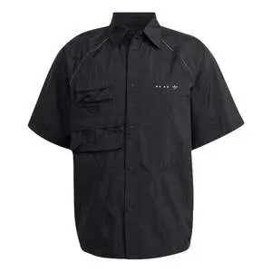 Adidas Originals Solid Color Lapel Short Sleeve Black Shirt