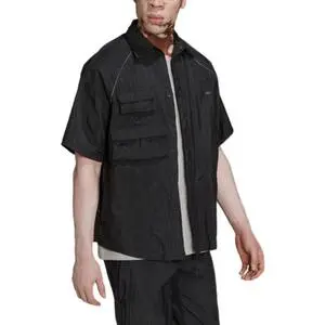 Adidas Originals Solid Color Lapel Short Sleeve Black Shirt