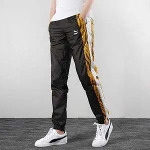 PUMA Leopard Print Splicing Running Sports Woven Long Pants Black