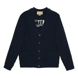 Gucci Knit Wool Cardigan With Intarsia Detail - Dark Blue