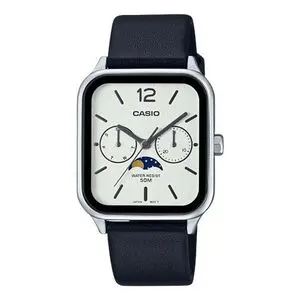 Casio Analog Watch With Leather Strap - Black/ivory/silver