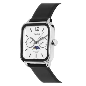 Casio Analog Watch With Leather Strap - Black/ivory/silver
