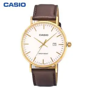 Casio Analog Quartz Watch With White Dial And Brown Leather Strap