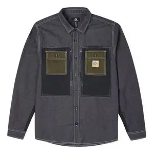 CONVERSE Flowers Small Logo Retro Splicing Contrasting Colors Woven Shirt Jacket Dark - Black