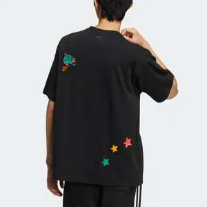 Adidas Logo Cartoon Pattern Embroidered Round Neck Short Sleeve Black T-shirt