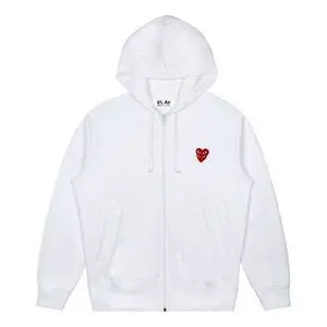 Play Comme Des Garcon Zip Up Hooded Sweatshirt With Red Heart Emblem - White
