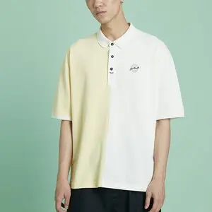 CONVERSE Splicing Colorblock Lapel Short Sleeve Cream Yellow Polo Shirt - Creamyellow