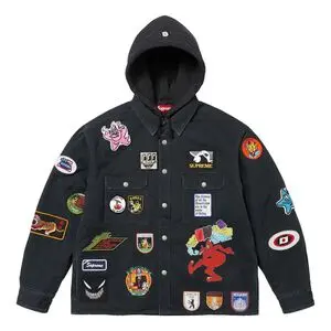 Supreme Patches Hooded Zip Up Shirt - Black