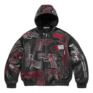 Supreme Ss26 Guns Embroidered Hooded Leather Jacket - Black