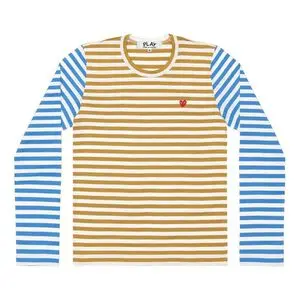 Play Comme Des Garcon L/s Bi-colour Striped Small Emblem T-shirt 'olive Blue - Olive/blue