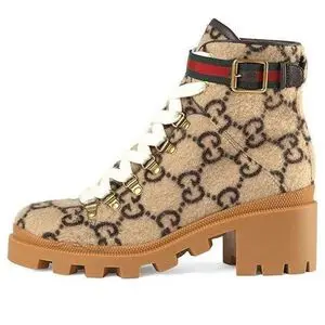 Gucci Gg Monogram Lace Up Combat Ankle Boots - Beige