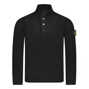Stone Island High Neck Half Button Knit With Applique - Black