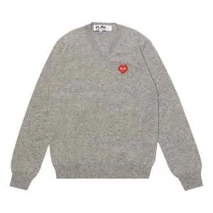 Play Comme Des Garcon COMME Des GARCONS PLAY V Neck Pullover With Heart Applique Light Grey