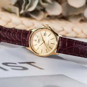 Casio Quartz Analog Watch With Tone Case And Leather Strap - Gold