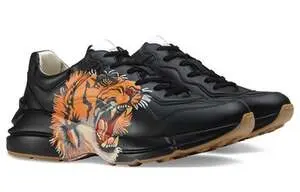 Gucci Rhyton Leather Tiger Print Sneakers - Black/orange