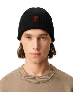 AMI Paris Contrasted De Coeur Wool Beanie - Black