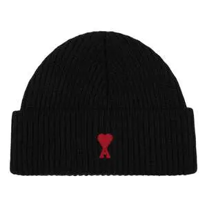 AMI Paris Contrasted De Coeur Wool Beanie - Black