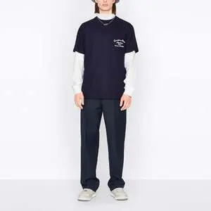 Dior Ss22 Embroidered Plain Weave Knit Short Sleeve Navy T-shirt - Blue