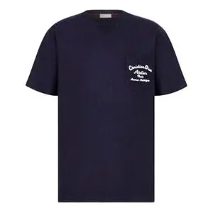Dior Ss22 Embroidered Plain Weave Knit Short Sleeve Navy T-shirt