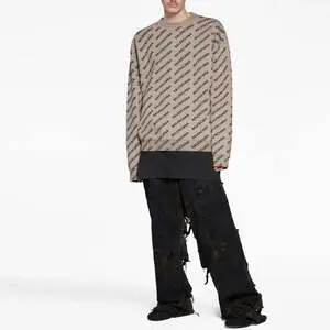 Balenciaga Allover Logo Fine Knit Sweater - Beige