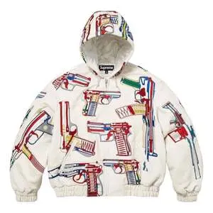 Supreme Hooded Leather Jacket With Gun Embroidery - White