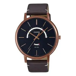Casio Analog Quartz Watch With Black Dial And Leather Strap - Brown