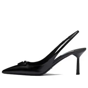 Prada Patched Logo Brushed Leather Slingback Heels - Black