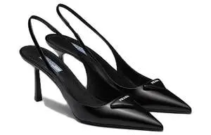 Prada Patched Logo Brushed Leather Slingback Heels - Black