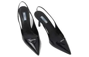 Prada Patched Logo Brushed Leather Slingback Heels - Black