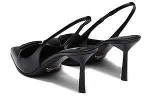 Prada Patched Logo Brushed Leather Slingback Heels - Black