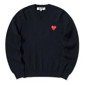Play Comme Des Garcon V-neck Long Sleeve T-shirt With Red Emblem - Navy