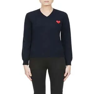 Play Comme Des Garcon V-neck Long Sleeve T-shirt With Red Emblem