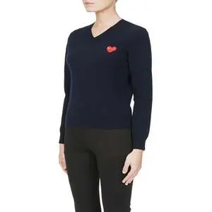 Play Comme Des Garcon V-neck Long Sleeve T-shirt With Red Emblem