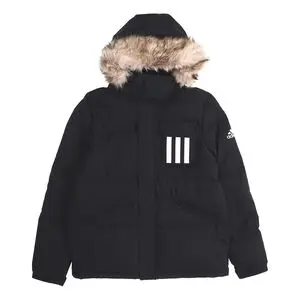 Adidas Down Puffa 3-stripes Parka With Fur Trimmed Hood - Black