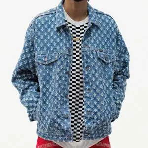 Supreme Hole Punch Denim Trucker Jacket - Teal/white
