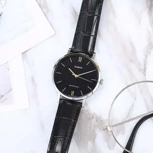Casio Quartz Analog Watch With Leather Band - Black