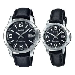 Casio Quartz Analog Leather Strap Watch With Water Resistance - Black