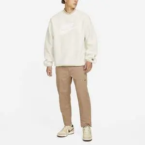 Nike Logo Embroidered Loose Suede Round Neck Pullover Beige