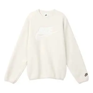 Nike Logo Embroidered Loose Suede Round Neck Pullover Beige - Default Color