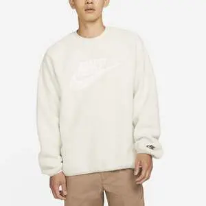 Nike Logo Embroidered Loose Suede Round Neck Pullover Beige